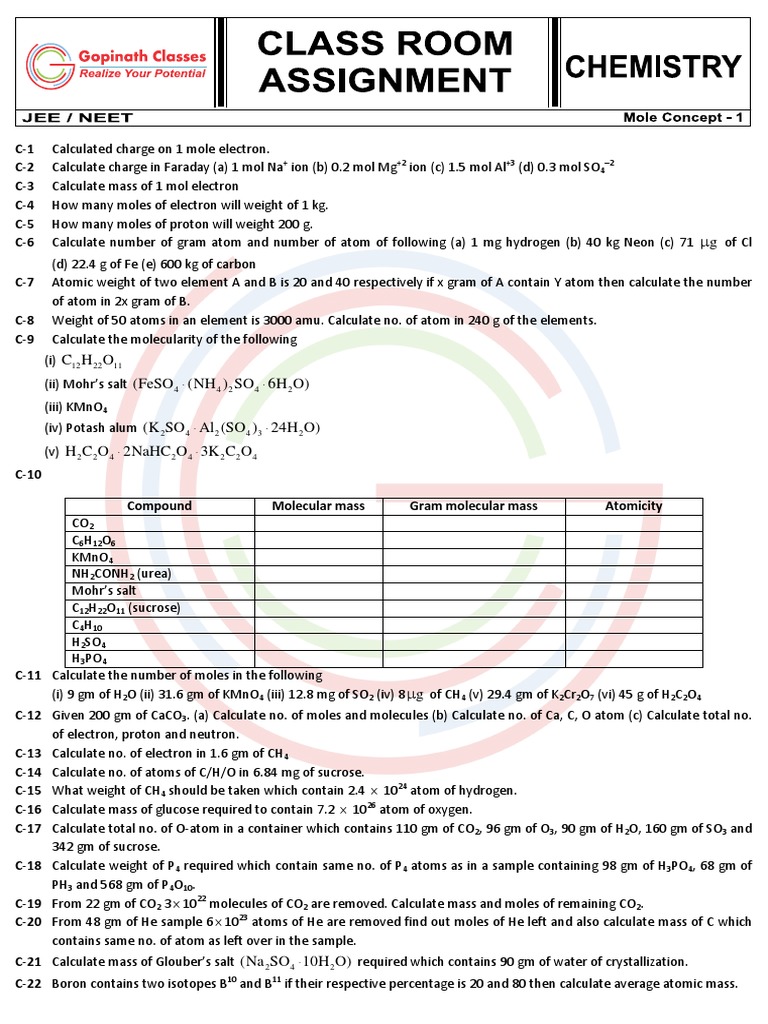Mole Concept Assignment | PDF | Mass Concentration (Chemistry) | Mole (Unit)