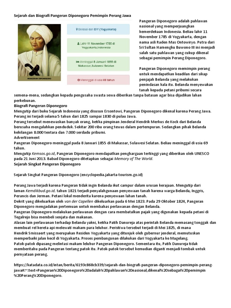 Sejarah Dan Biografi Pangeran Diponegoro Pemimpin Perang Jawa | PDF