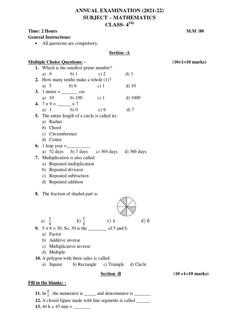 Annual Paper-4th MATHS SET A | PDF | Circle | Multiplication