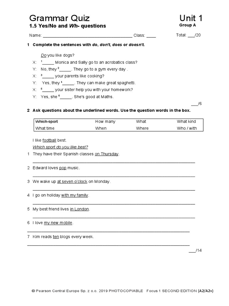 Grammar Quiz Unit 1: 1.5 Yes/No and Wh-Questions | PDF