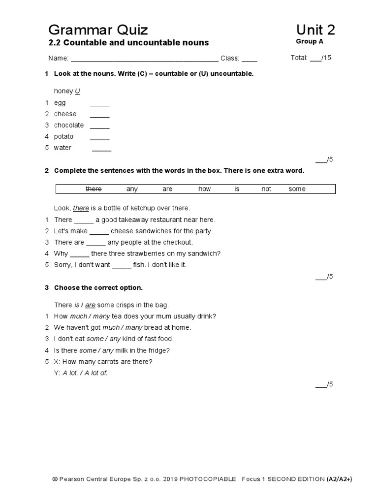 Grammar Quiz Unit 2: 2.2 Countable and Uncountable Nouns | PDF ...