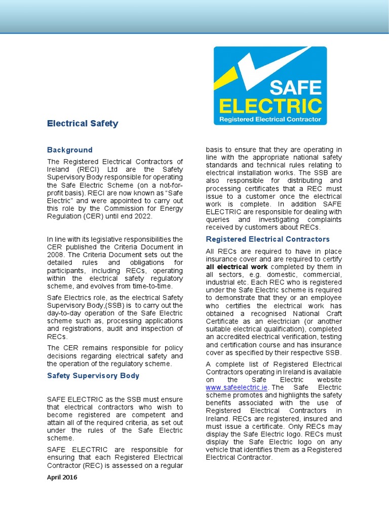 REC Factsheet April 2016 | PDF | Electrical Wiring | Safety
