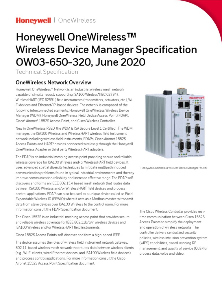Honeywell Onewireless™ Wireless Device Manager Specification Ow03-650 ...