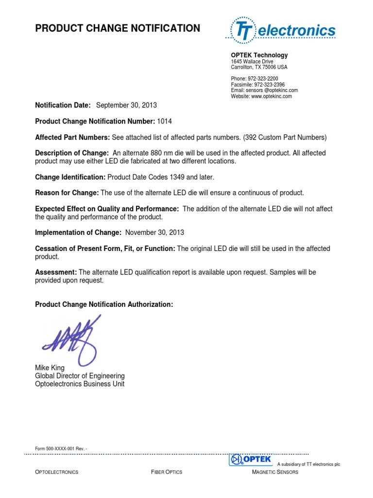 TT Electronics PCN Notice 1014 (Alternate 880 NM LED) | PDF | Fax ...