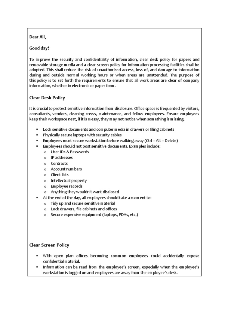 Clear Screen Policy Clear Desk | PDF | Laptop | Information Sensitivity