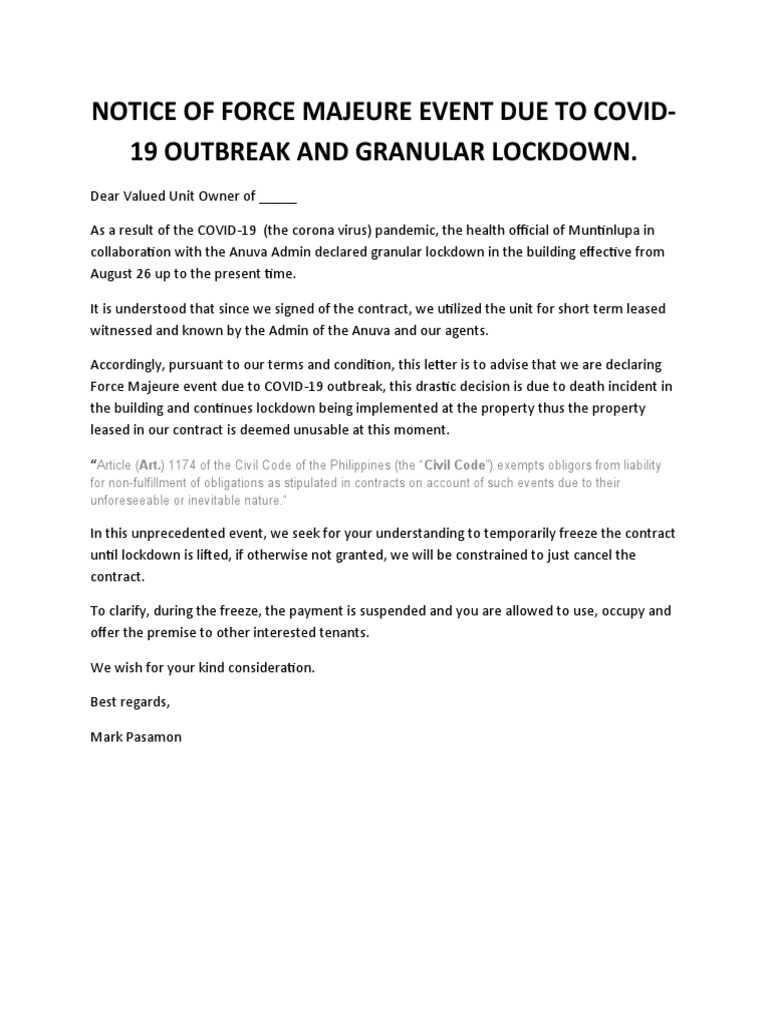 Notice of Force Majeur Event | PDF