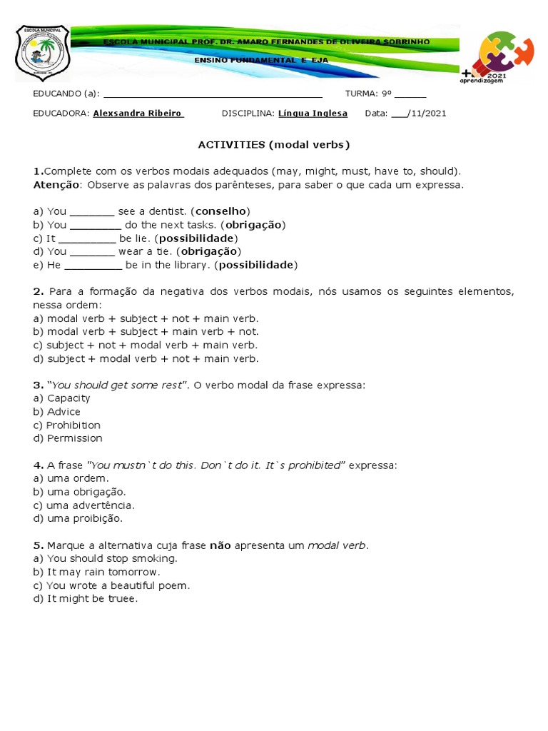 Atividades sobre Verbos Modais 9º Ano | PDF