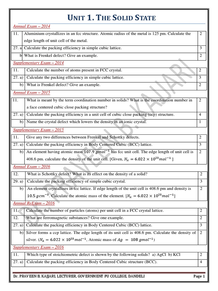 SOLID STATE PYQs | PDF | Crystal Structure | Nature