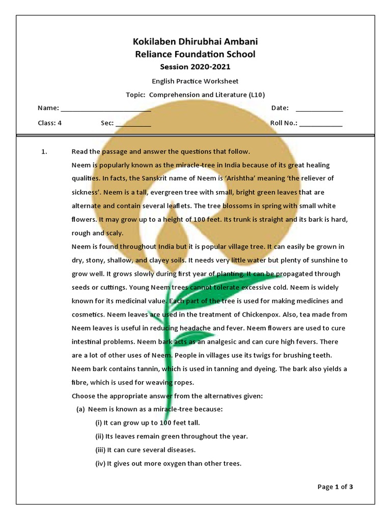 Practice Worksheet - Lesson 10 | PDF | Trees | Botany