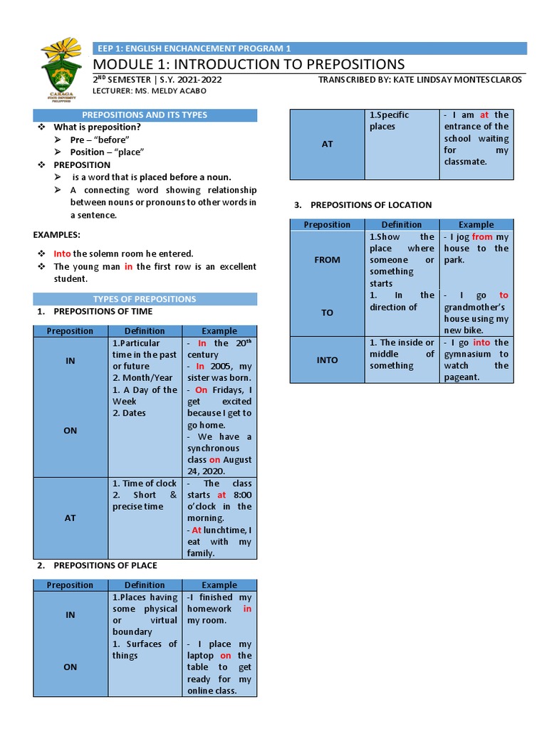 Module 1 - Introduction To Prepositions | PDF | Preposition And ...