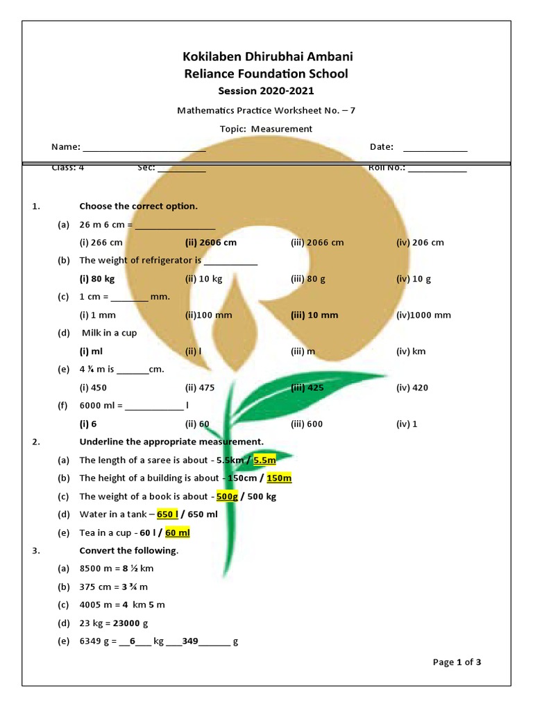 Class 4 Math Practice WS - L-10 - Measurement | PDF