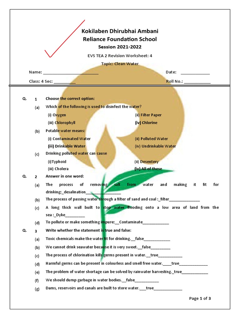 Class 4 EVS - TEA 2 - Revision Worksheet 4 | PDF | Water | Water ...
