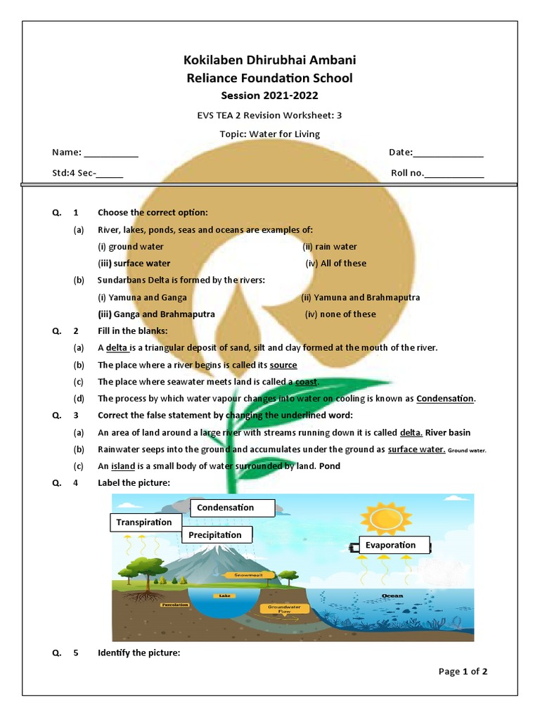 Class 4 - EVS - TEA 2 - Revision Worksheet 3 | PDF | Water | River Delta