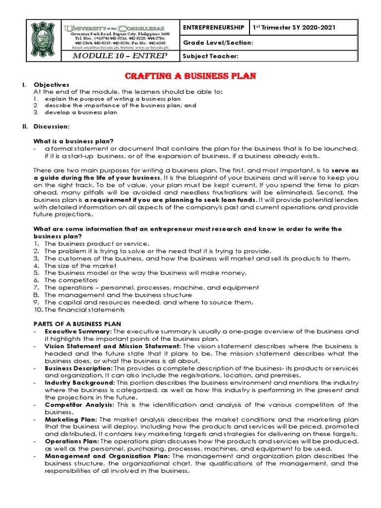 MODULE-10-Entrep CRAFTING A BUSINESS PLAN | PDF | Entrepreneurship ...