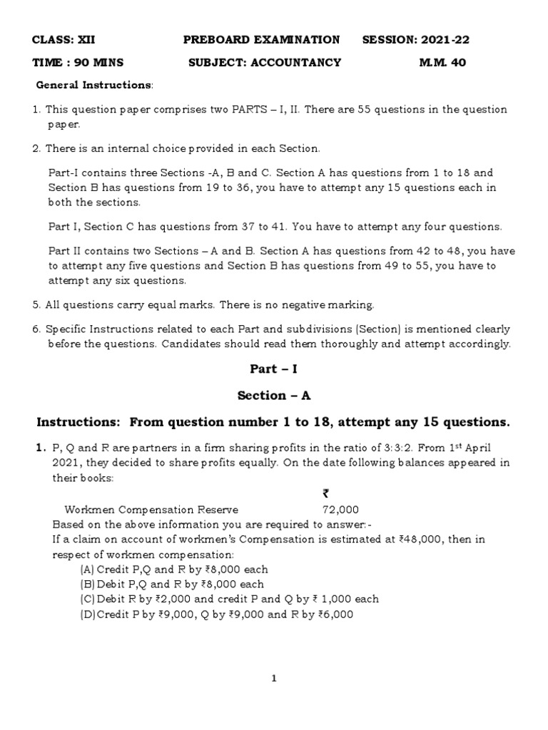 Class XII Acc PB HC Mock 2021-22 | PDF | Equity (Finance) | Debits And ...