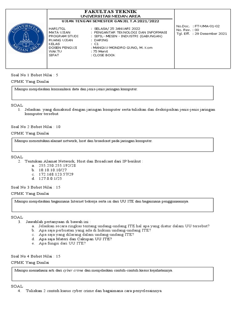 Soal Uas Pti Gabungan Sipil - Mesin - Industri | PDF