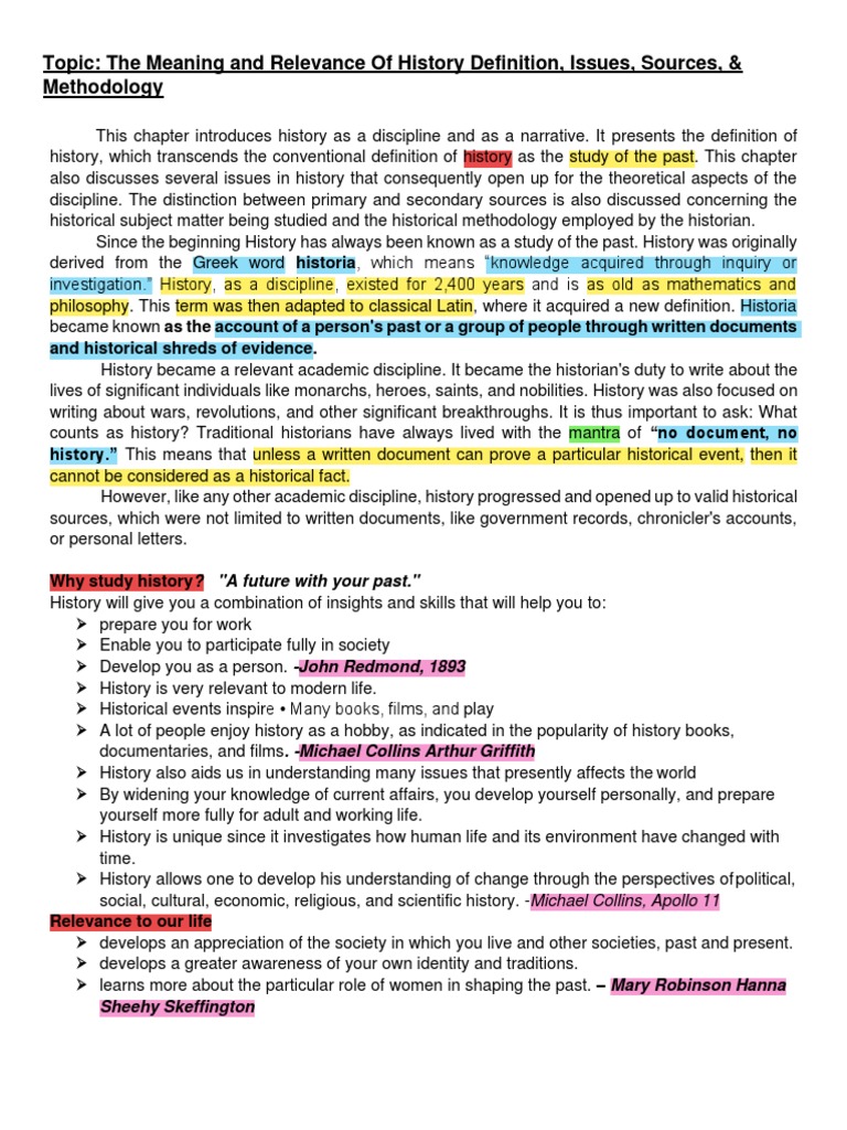 Topic: The Meaning and Relevance of History Definition, Issues, Sources ...