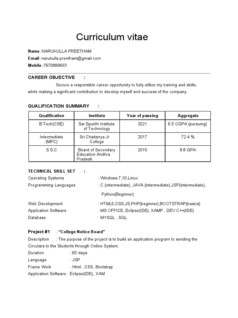 Curriculum Vitae-Narukulla Preetham | PDF | Eclipse (Software) | Integrated Development Environment