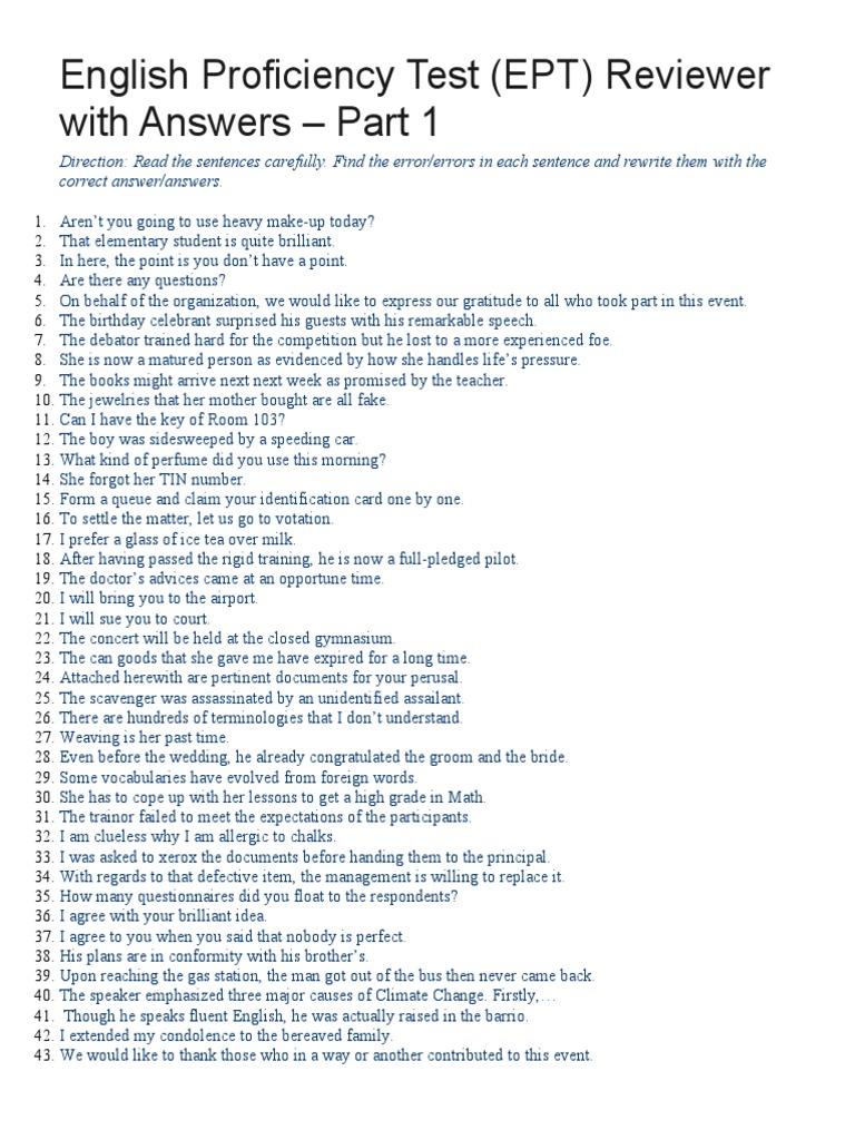 English Proficiency Test (EPT) Reviewer with Answers – Part 1: A ...