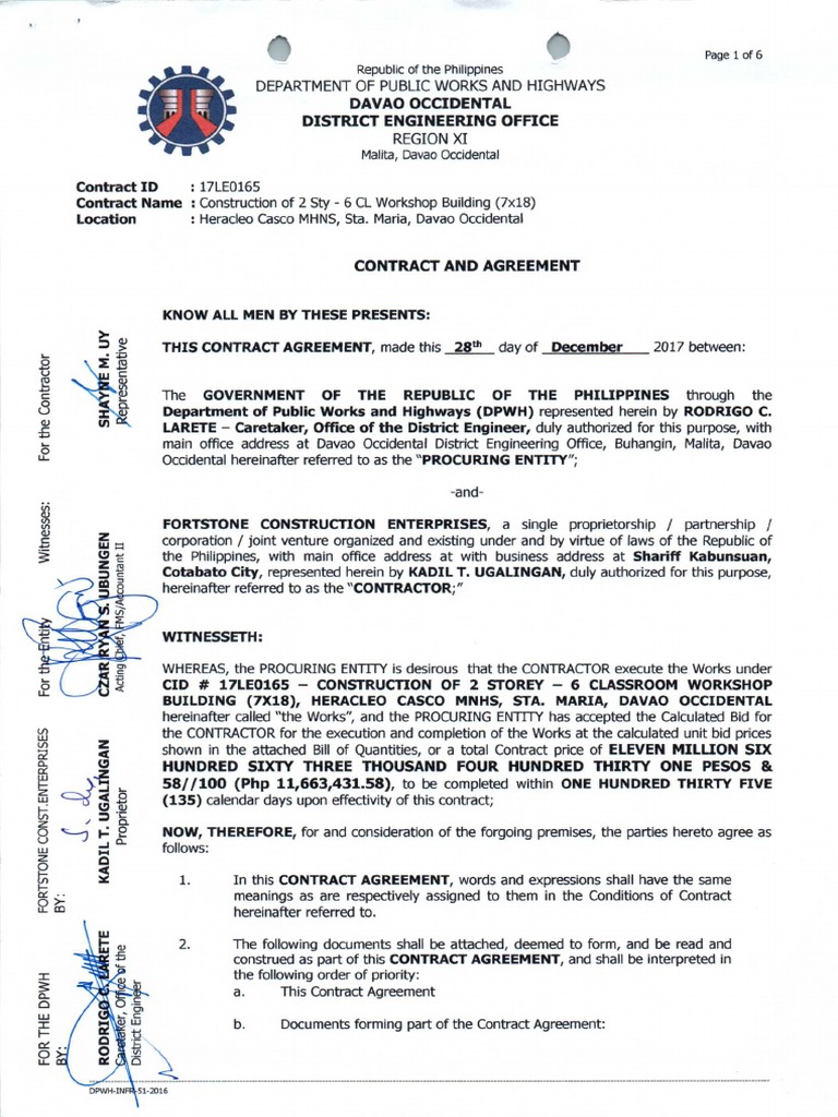 DPWH Contract Agreement for Construction | PDF | Window | Civil Engineering