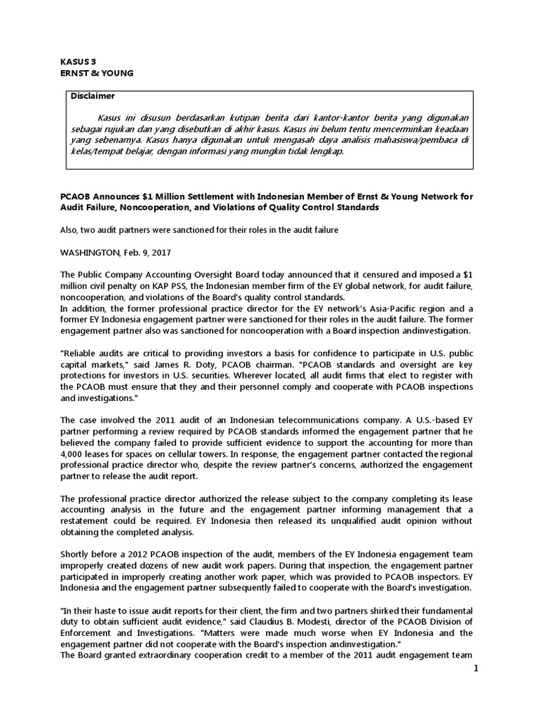 Kasus 3 - E&Y - PCAOB | PDF | Audit | Auditor's Report