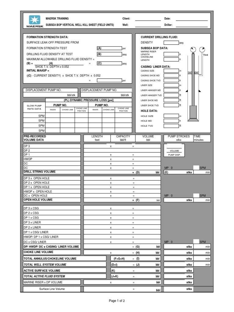 Subsea Kill Sheet - Blank - With Visual Aid | PDF | Pressure | Pump