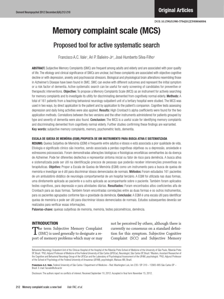 Memory Complaint Scale (MCS) | Download Free PDF | Dementia | Major ...