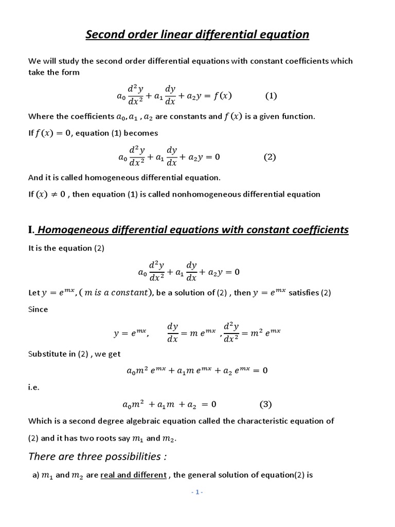Second Order Linear Differential Equation With Constant Coefficients ...