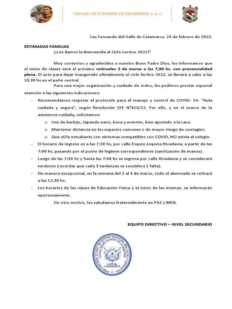 Comunicado A Padres - Inicio de Clases | PDF