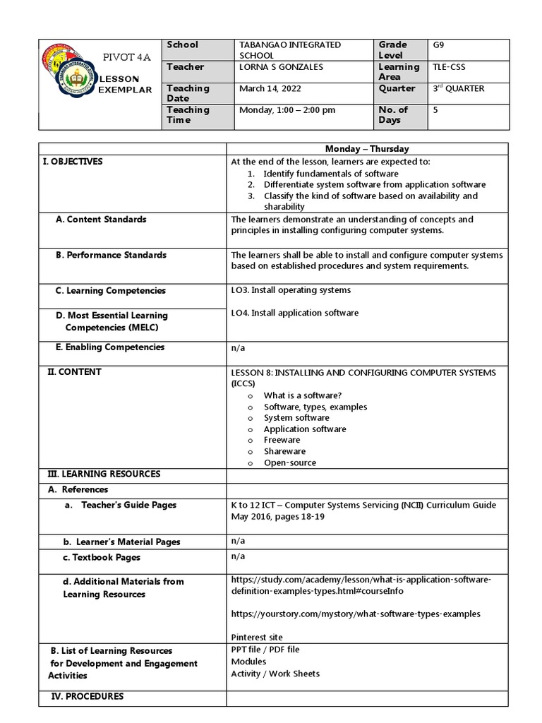 Pivot 4A: School Grade Level Teacher Learning Area Teaching Date ...