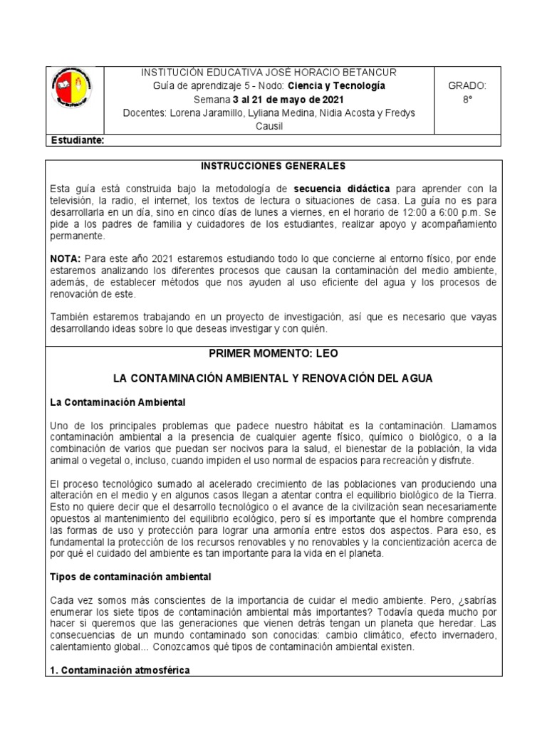 8° GUIA 5 - NODO Ciencia y Tecnología | PDF | Contaminación | La ...