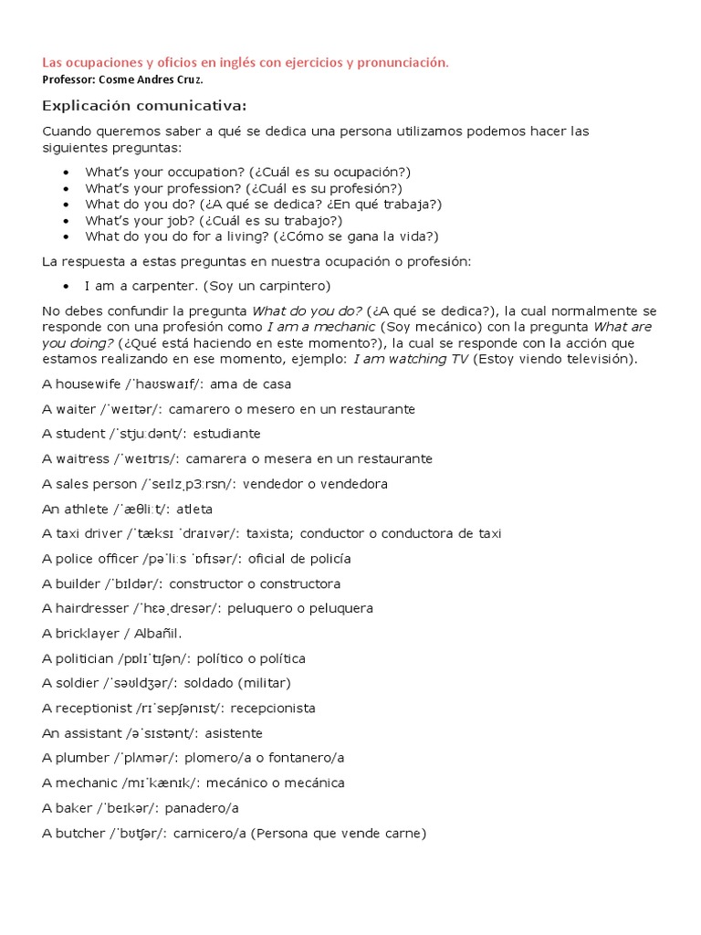 Las Ocupaciones y Oficios en Inglés Con Ejercicios y Pronunciación. | PDF