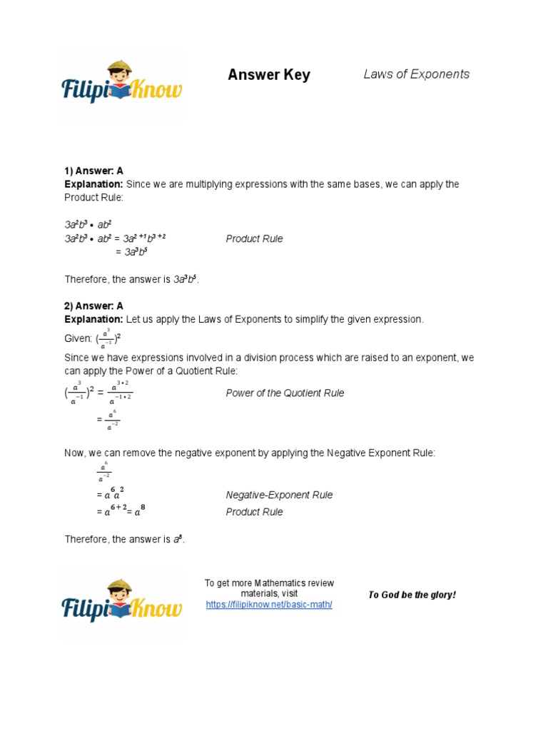 Answer Key: Laws of Exponents | PDF | Exponentiation | Mathematics