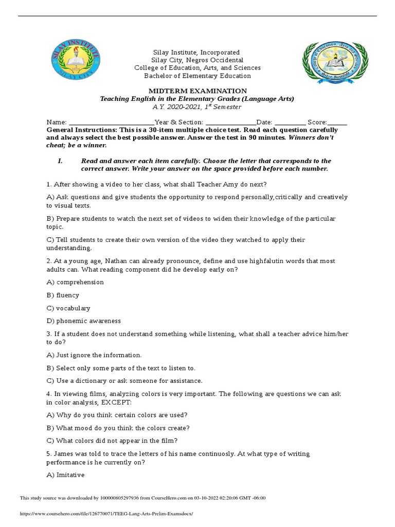 Midterm Examination: Teaching English in The Elementary Grades ...