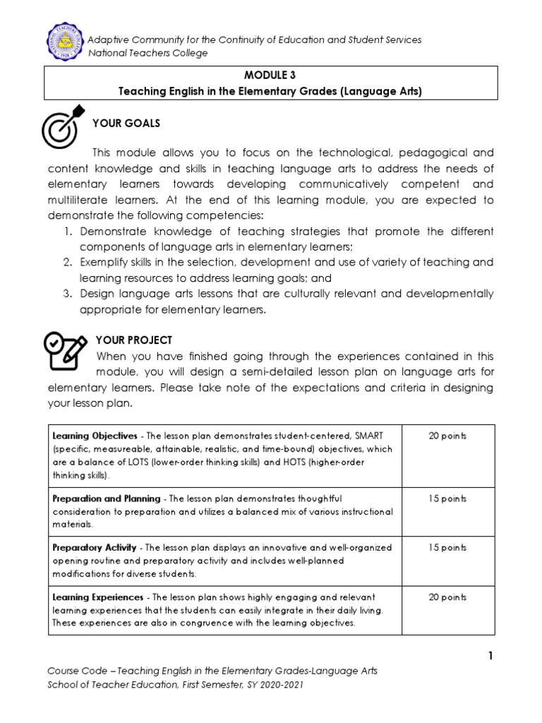 Teaching English in The Elementary Grades (Language Arts) Your Goals ...