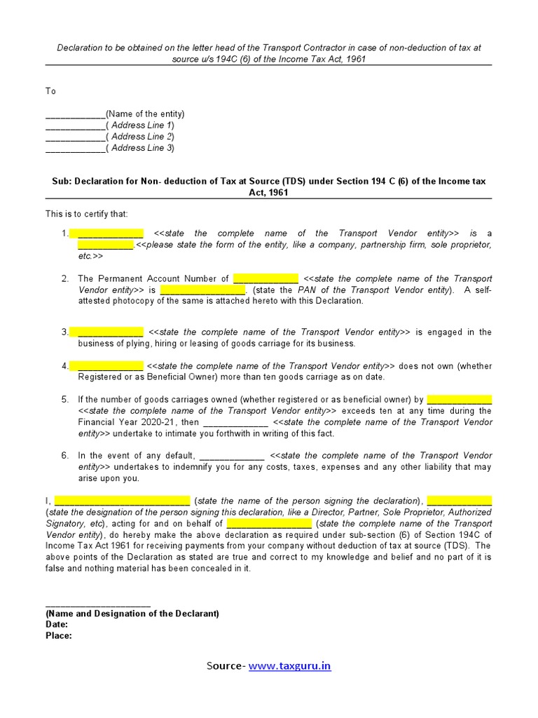 Non-Deduction TDS Declaration Form 194C | PDF | Tax Deduction | Business