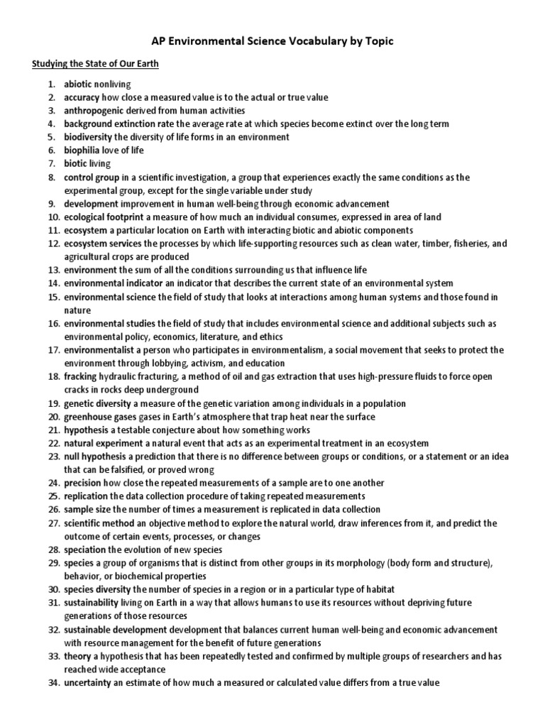 AP Environmental Science Vocabulary List and Definitions | PDF | Rock ...