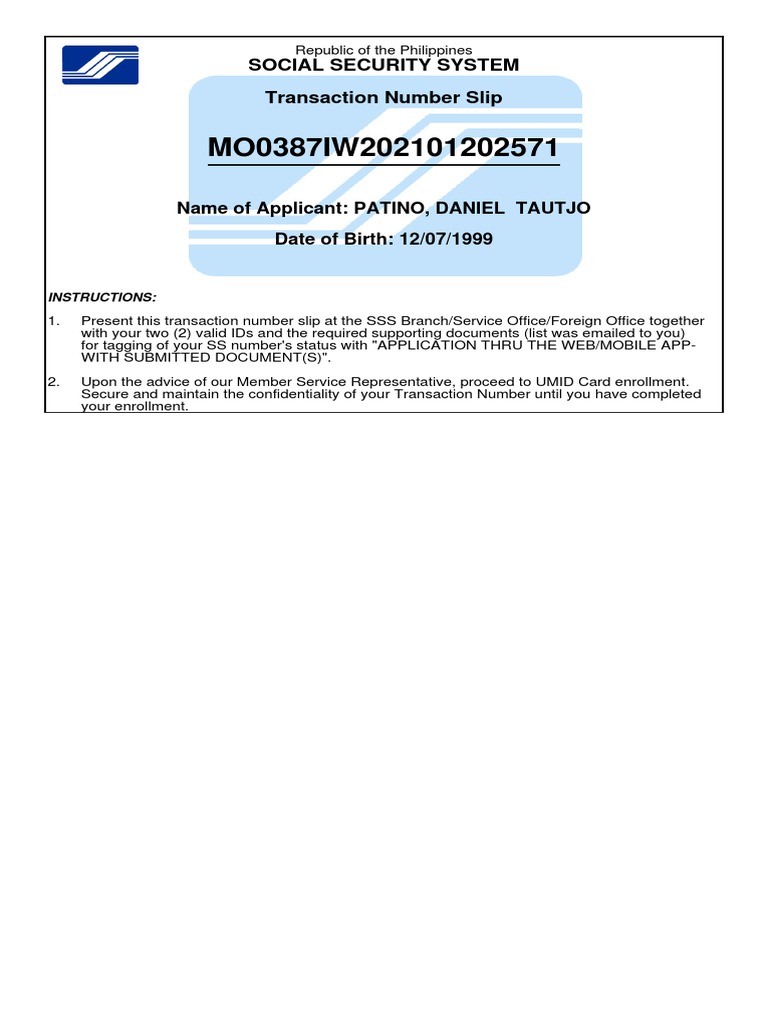 SSS Transaction Number Slip Instructions | PDF | Law