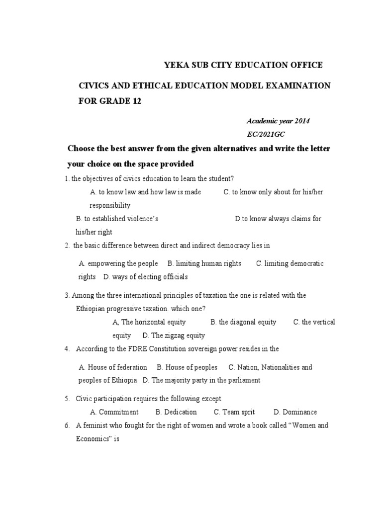 Civics - & - Ethical - Education Worksheet For Grade 12 | PDF ...