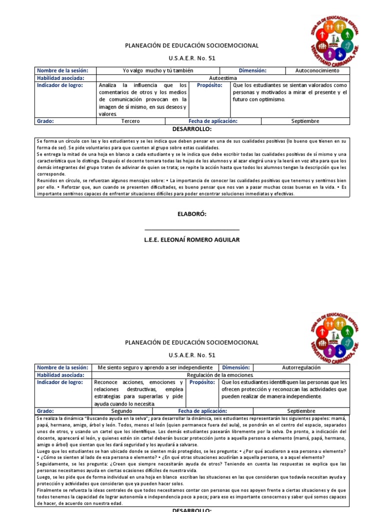 Planeación de Educación Socioemocional | PDF | Las emociones | Autoestima