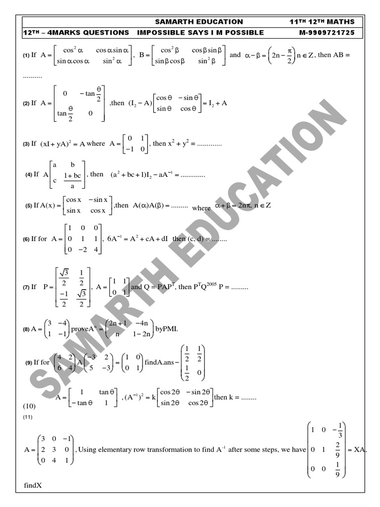 12th Grade Maths 4 Marks Questions | PDF | Area | Triangle