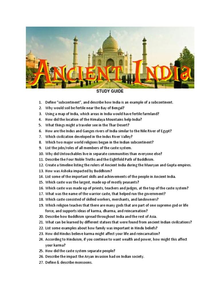 Ancient India Study Guide | PDF | Karma | Gautama Buddha