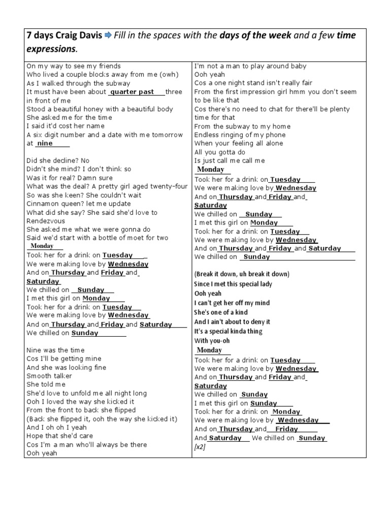 7 Days Song Activity | PDF