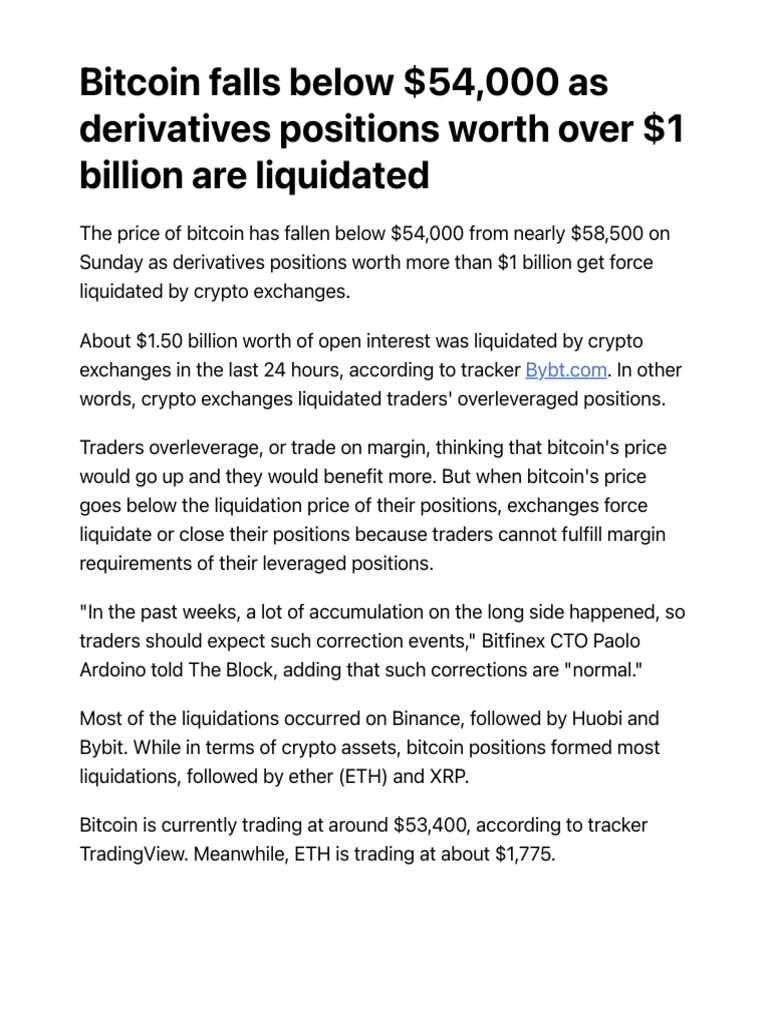 Bitcoin Falls Below $54,000 As Derivatives Positions Worth Over $1 Billion Get Liquidated | PDF ...