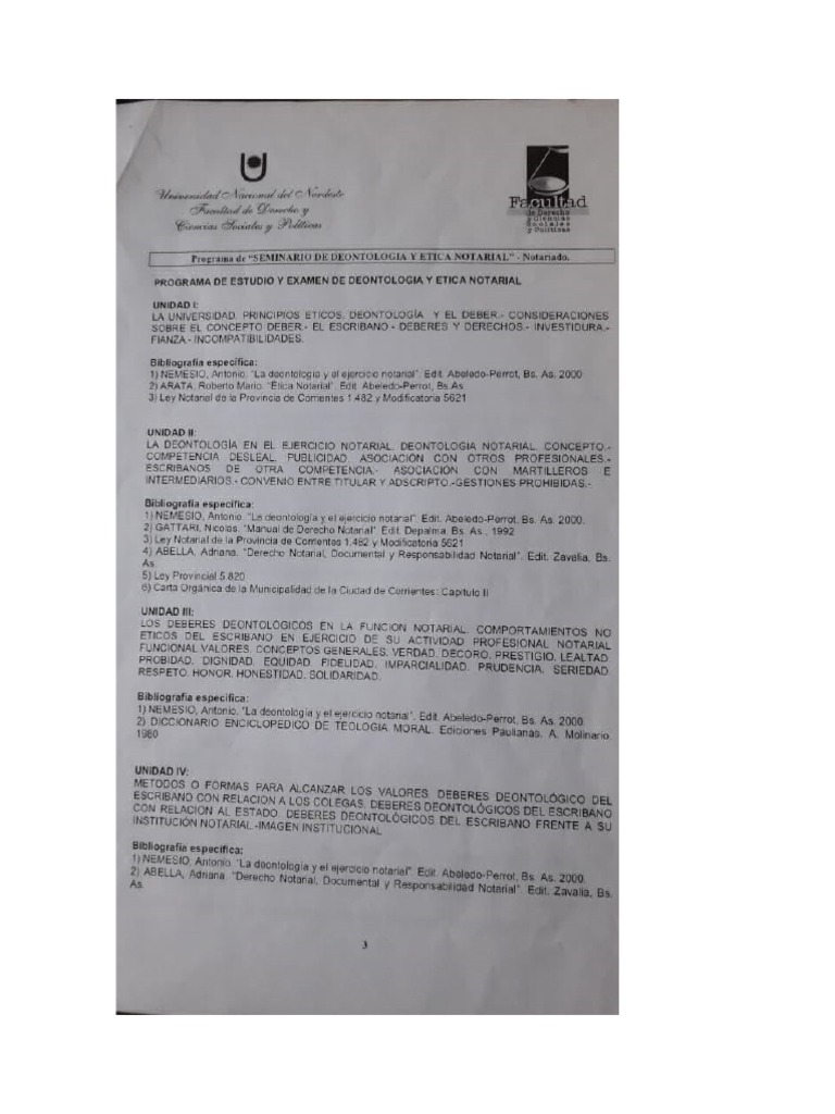 Etica Notarial - Deontologia Notarial Programa | PDF