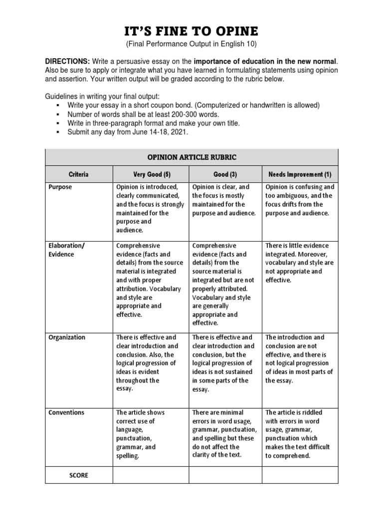 Persuasive Essay on Education's Role | PDF | Rubric (Academic) | Essays