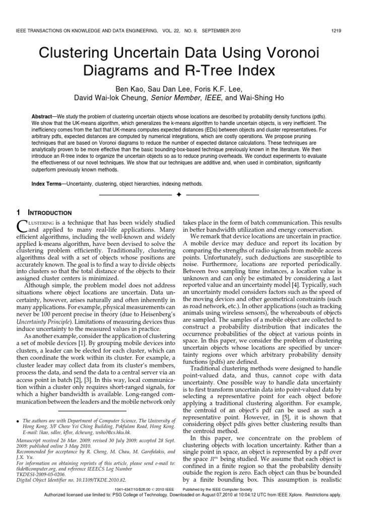 Clustering Uncertain Data Using Voronoi Diagrams And R Tree Index Download Free Pdf Cluster 