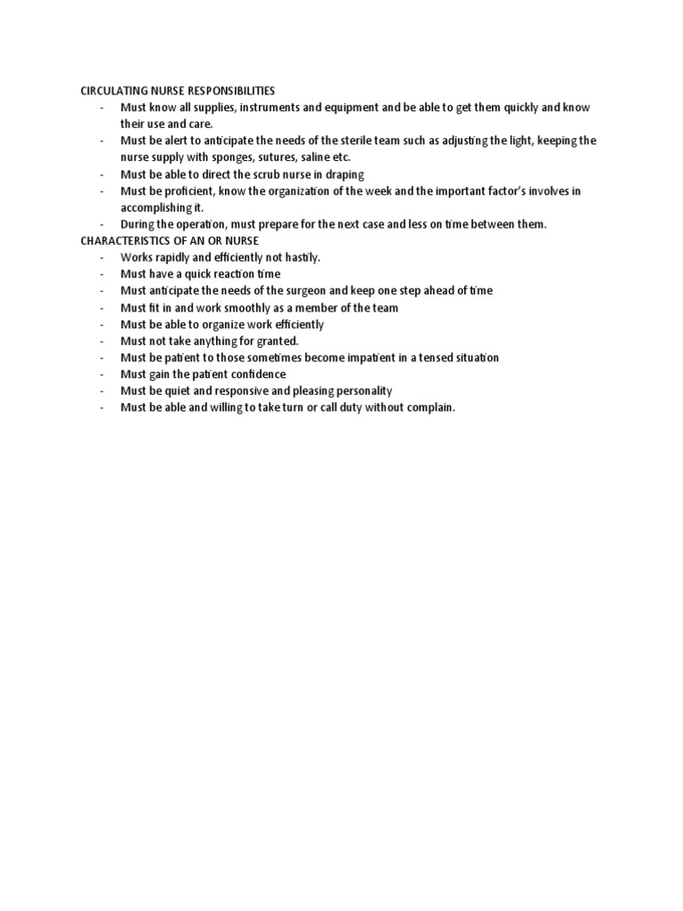 Circulating Nurse Roles and Responsibilities | PDF | Career & Growth ...