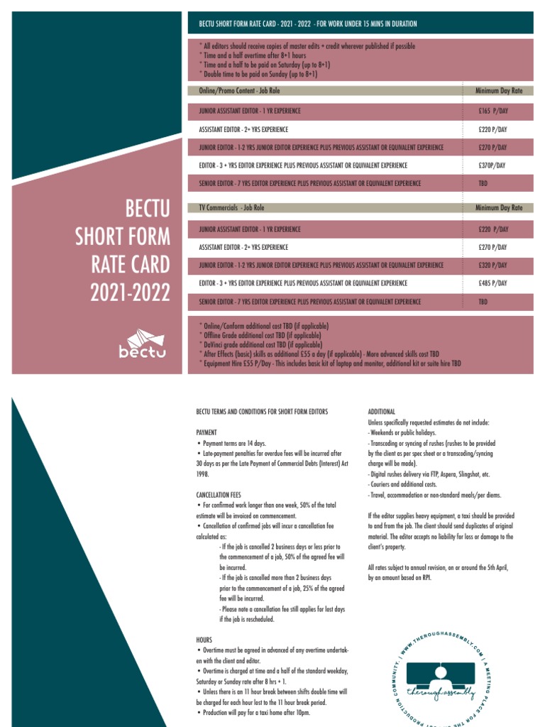 Bectu Short Form Rate Card - 2021 - 2022 - For Work Under 15 Mins in ...