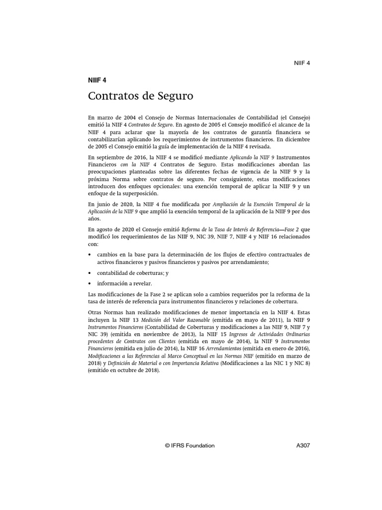 A307 NIIF 4 Contratos de Seguro | PDF | normas internacionales de INFORMACION FINANCIERA | Reaseguro
